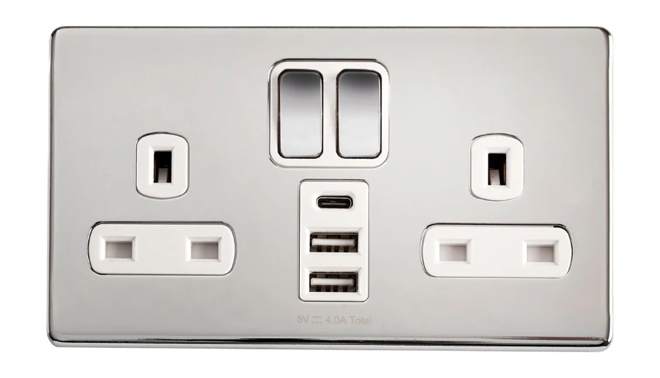 Ultra Screwless 13A 2 Gang Switched Socket with 3 USB Ports (1 x Type C ...