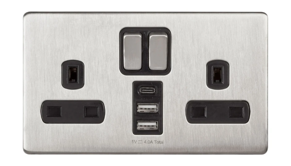 Ultra Screwless 13A 2 Gang Switched Socket with 3 USB Ports (1 x Type C ...