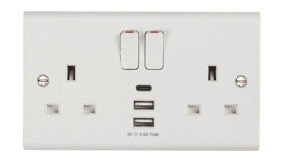 Slimline 13A 2 Gang Switched Socket with 3 USB Ports (1 x Type C + 2 x ...
